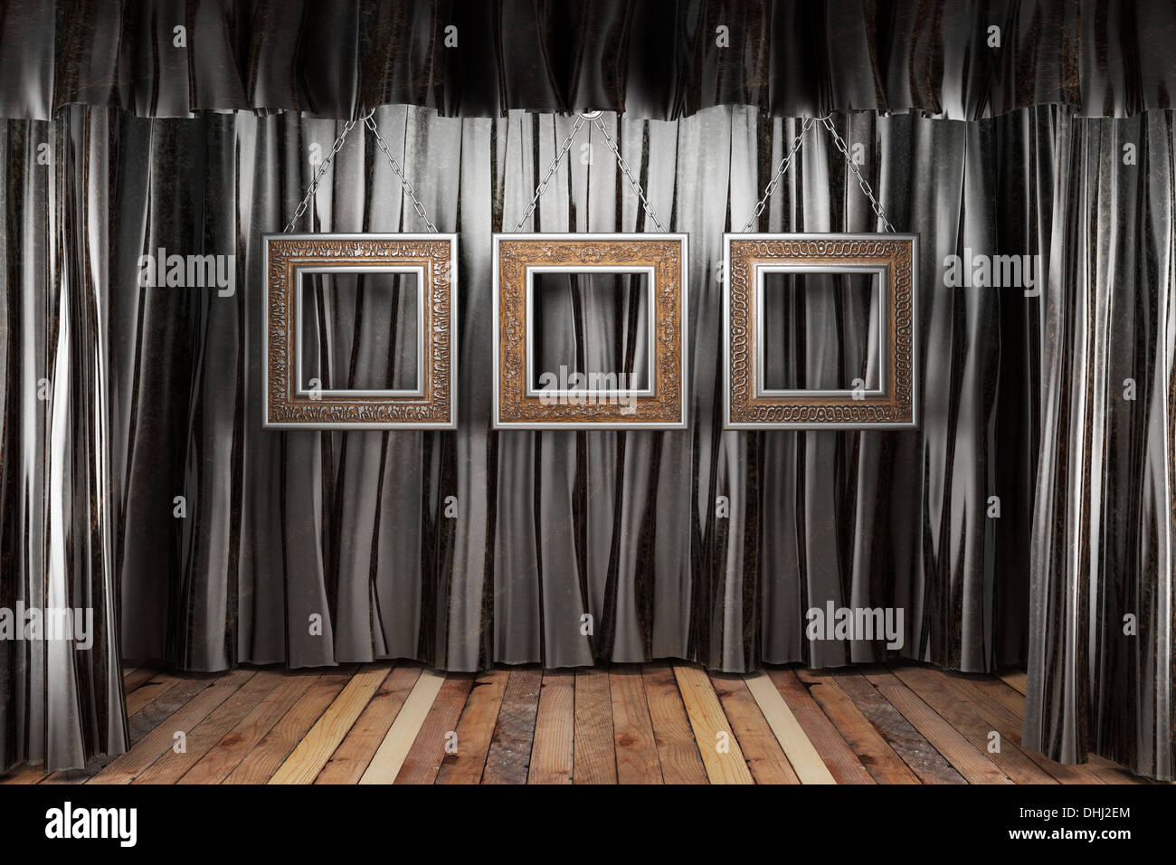 black silk curtain with frames on stage Stock Photo - Alamy