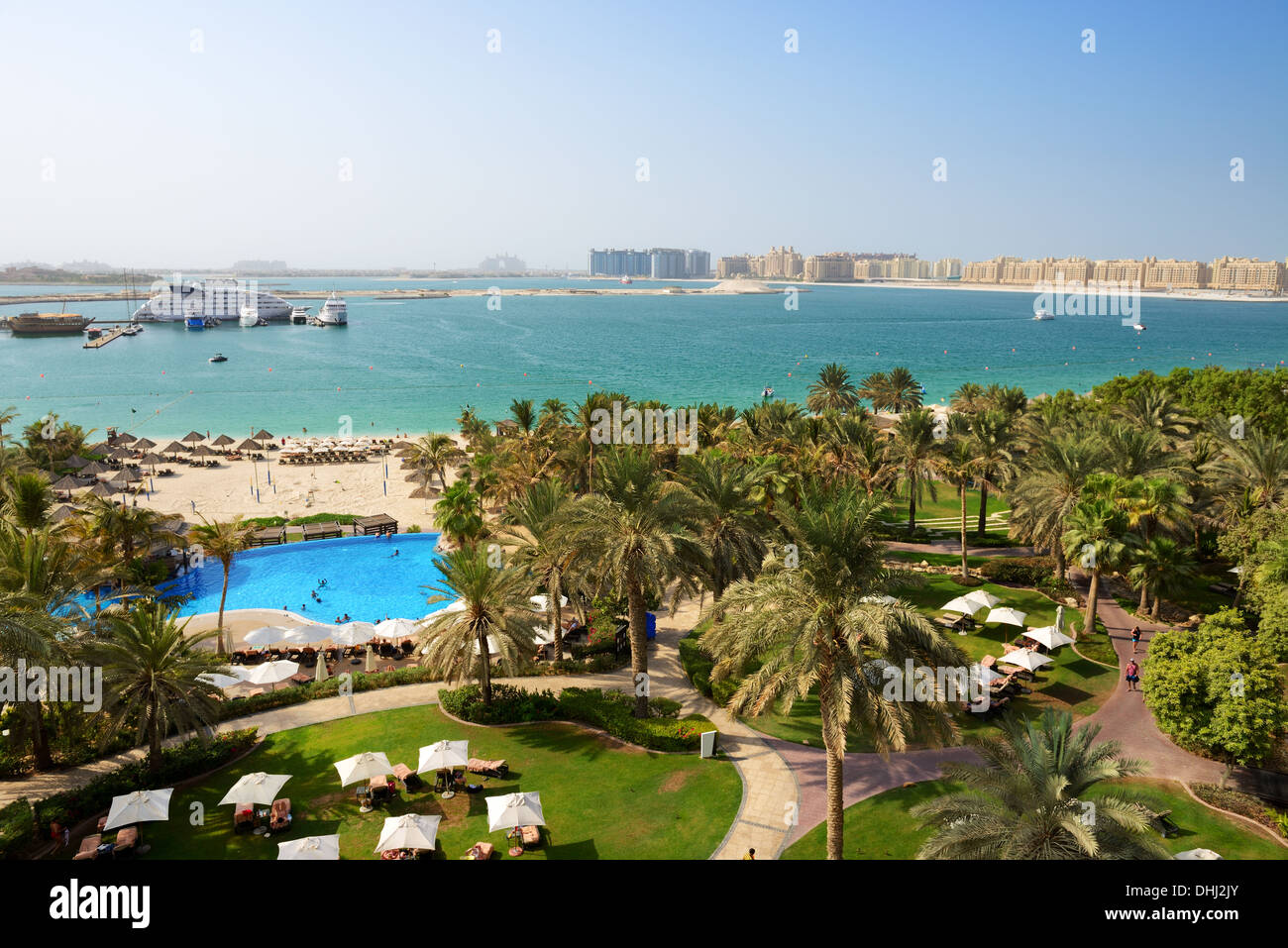 Beach with a view on Jumeirah Palm man-made island, Dubai, UAE Stock ...