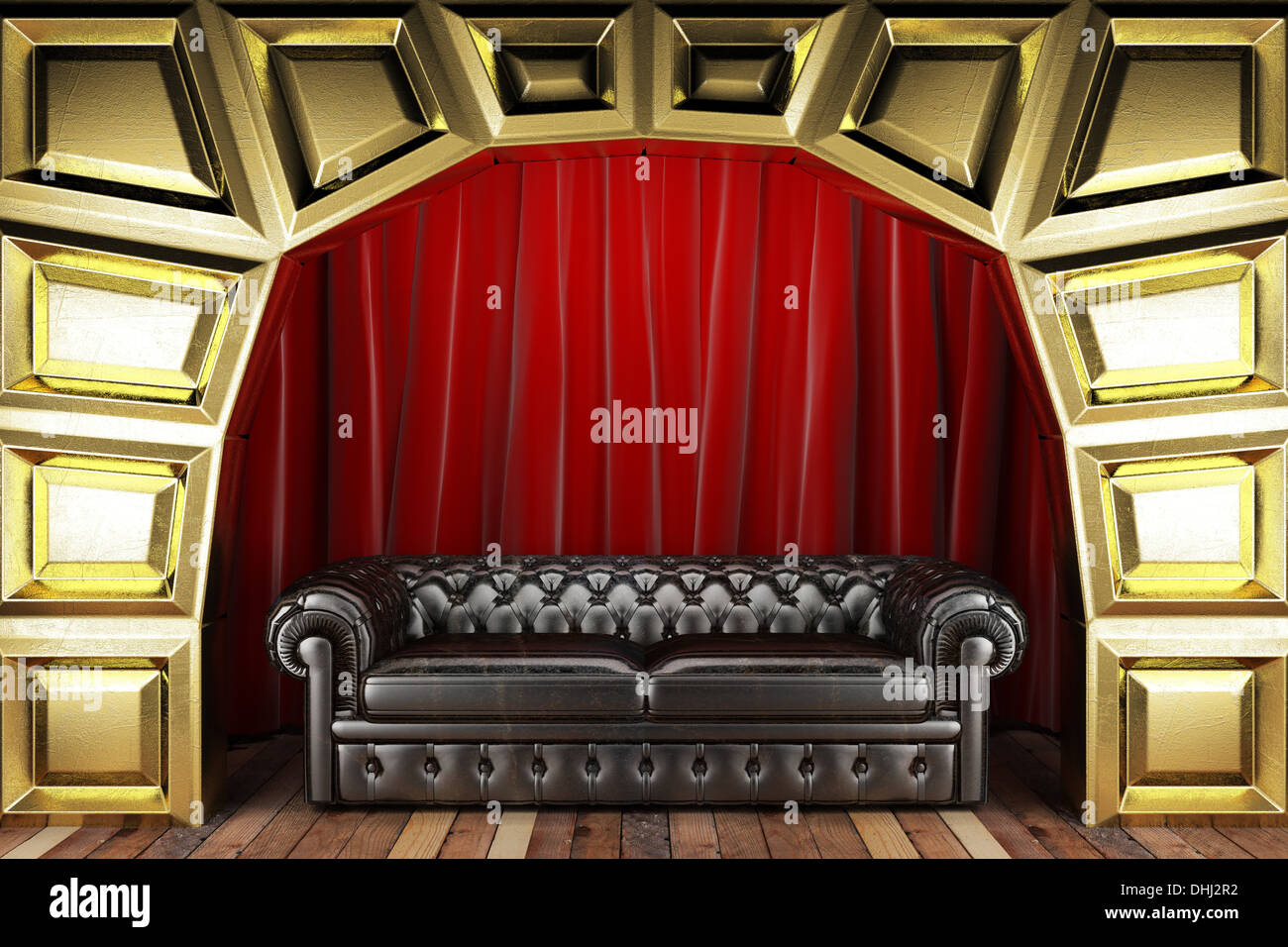 red fabric curtain and sofa on golden stage Stock Photo - Alamy