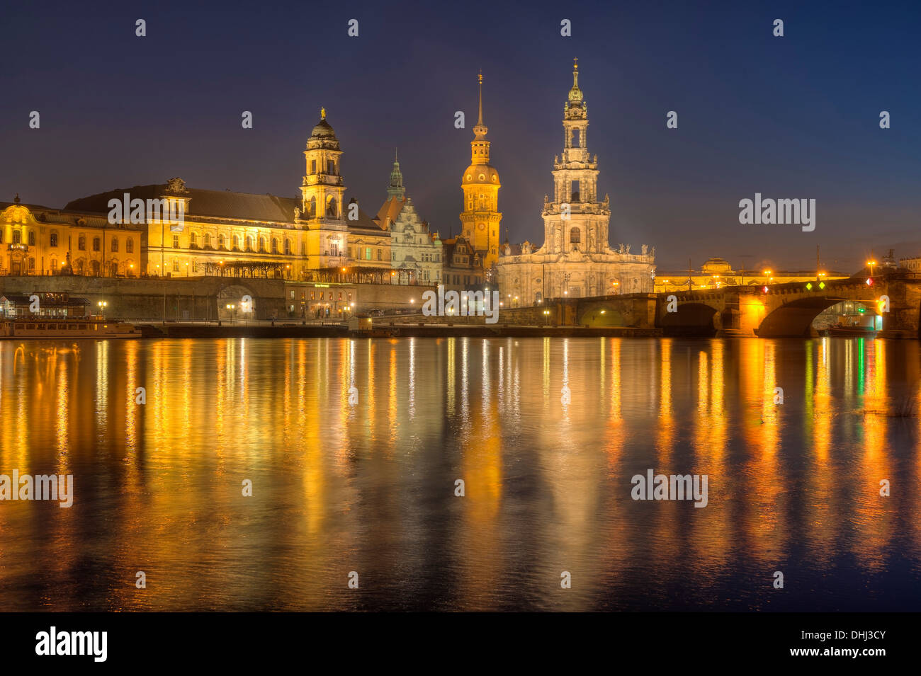 Elbe river with Dresden Castle and Hofkirche in the evening, Dresden ...
