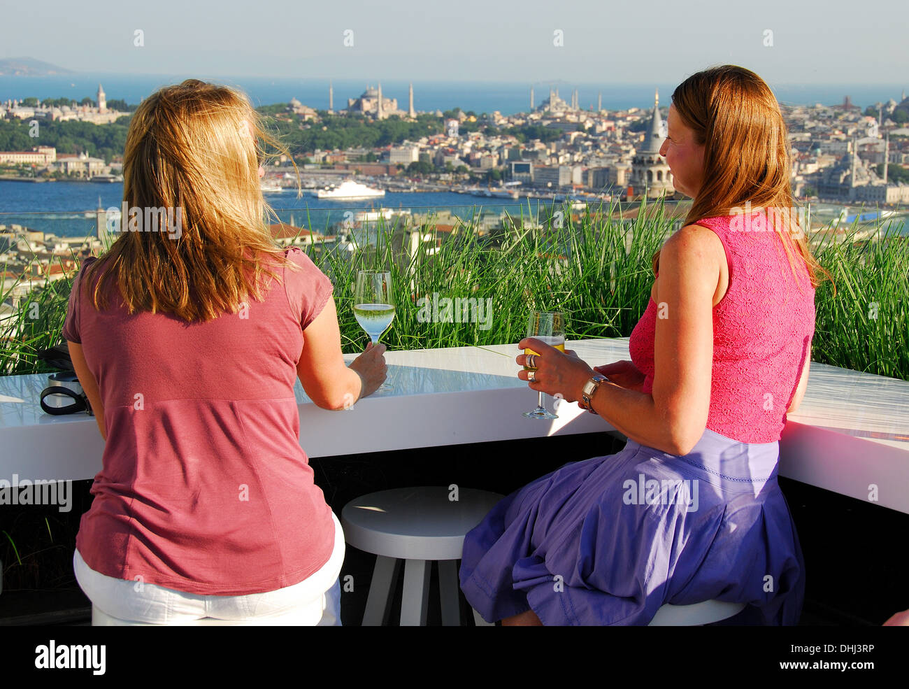 ISTANBUL, TURKEY. Two women drinking at Mikla's rooftop bar in the ...