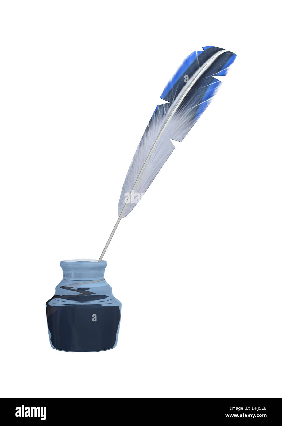 3D digital render of a quill pen in an ink jar isolated on white ...