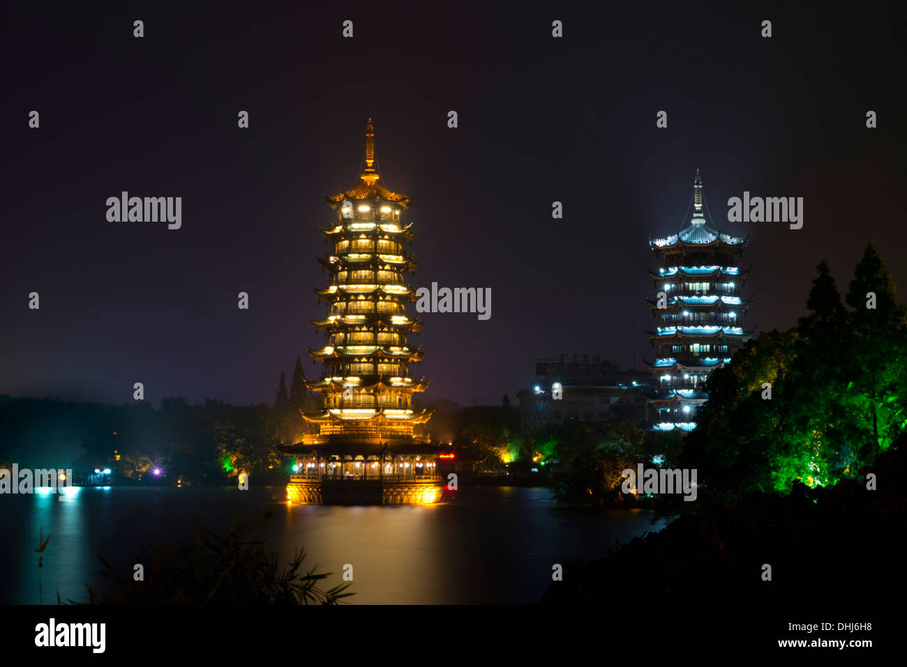 Sun and Moon Twin Pagodas at night, Guilin, China Stock Photo - Alamy