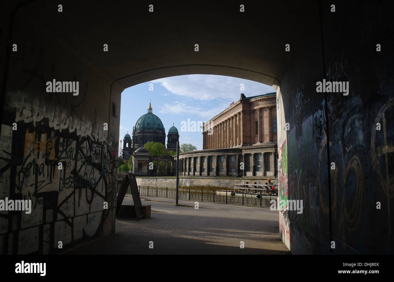 Blue sky view, through railway viaduct pathway arch at James Simon Park ...