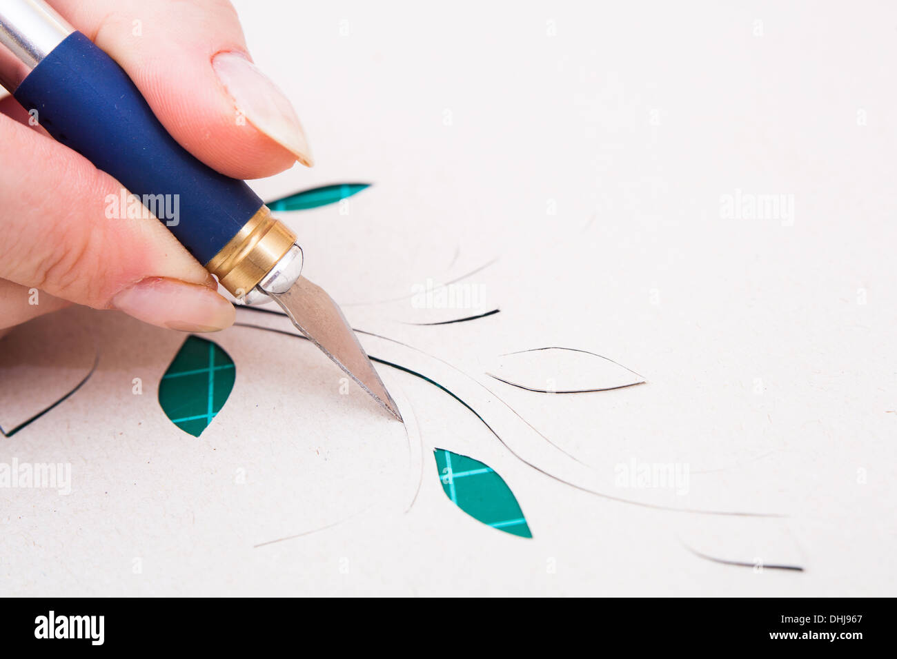 women's hand cutting flower from paper with spaper-knife Stock Photo ...