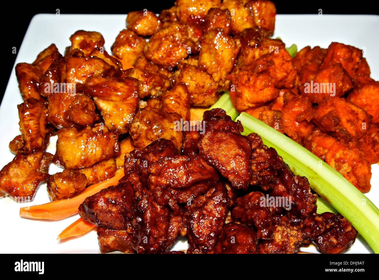 Deep fried cubes chicken fish pork meat barbecue sauce pub fast food ...