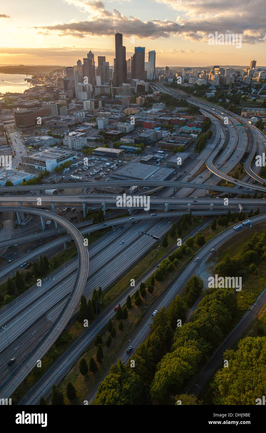 SEATTLE - JUNE 11 2013: Aerial photograph of City Skyline and freeway ...
