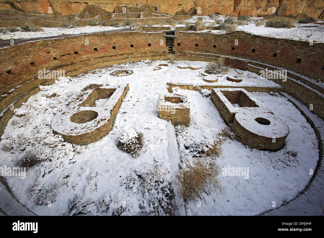 Kiva (ceremonial chamber) under snow, Chetro Ketl great house, Chaco ...