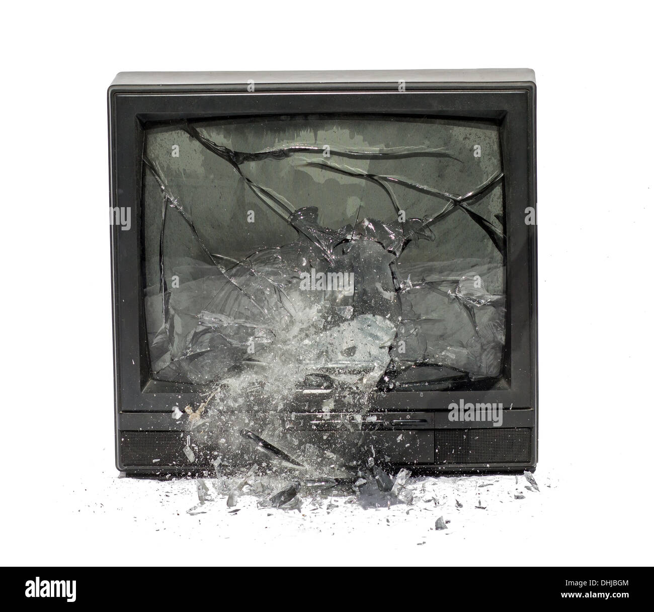 Television exploding isolated on white background Stock Photo - Alamy