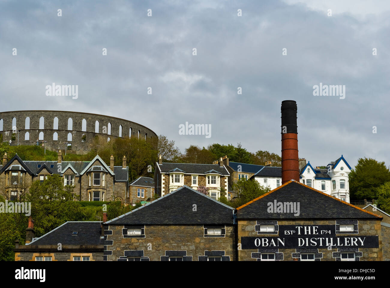 Scotland, Scottish Highlands Oban whiskey distillery skyline and McCaig ...