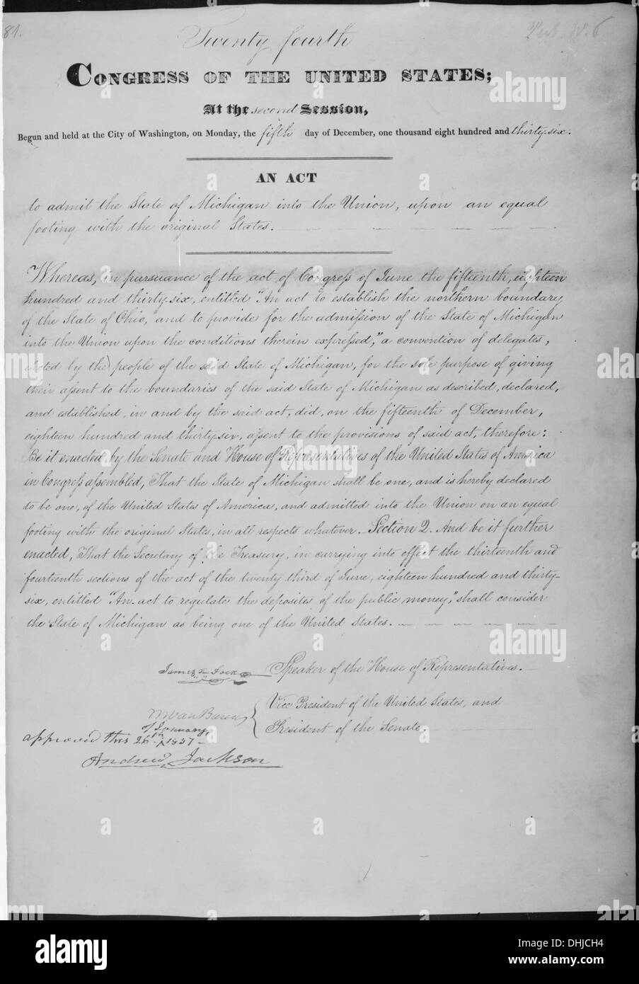 The Act of January 26, 1837, admitted Michigan as the 26th state into ...