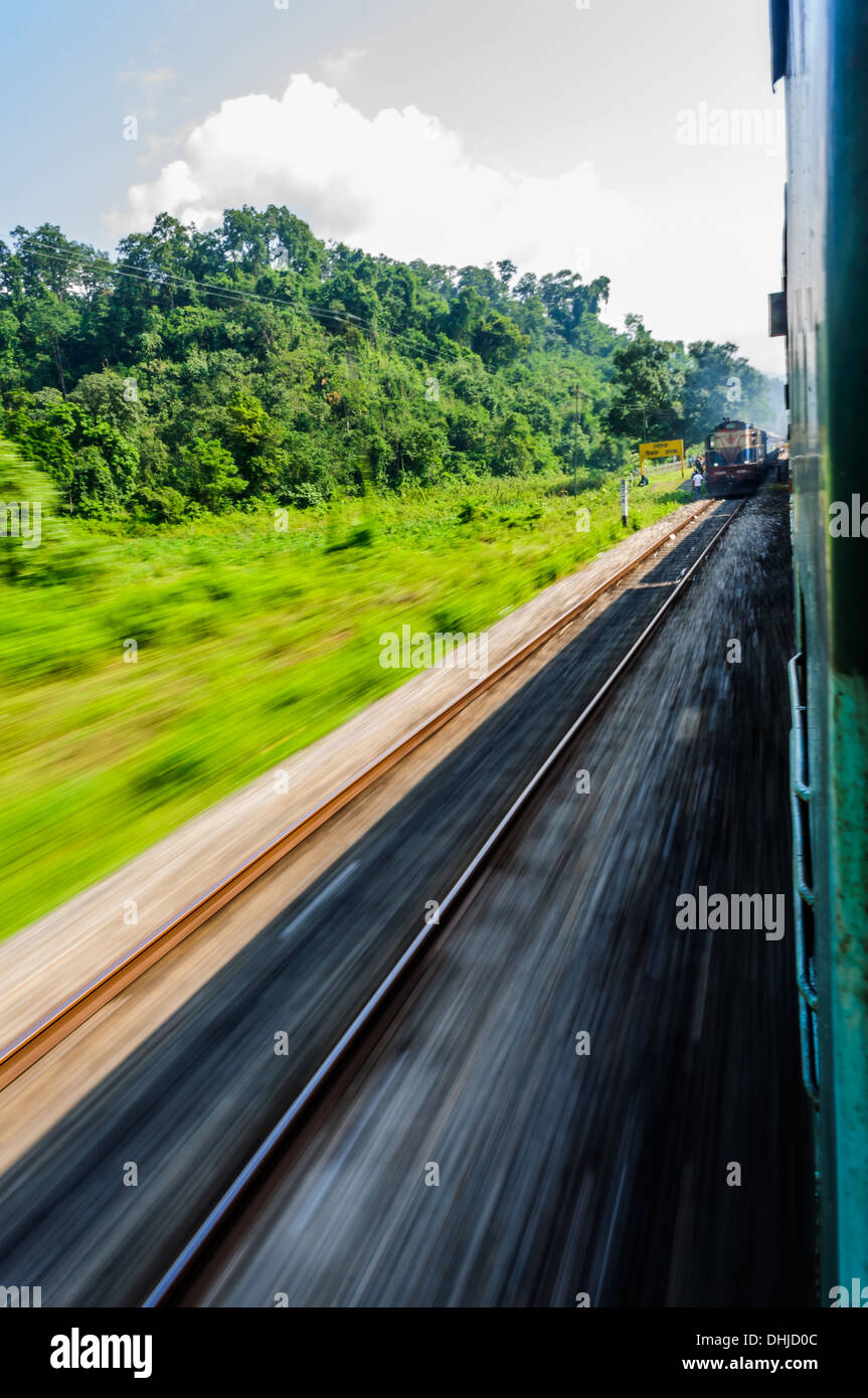 View through window of a speeding train passing through forest Stock ...