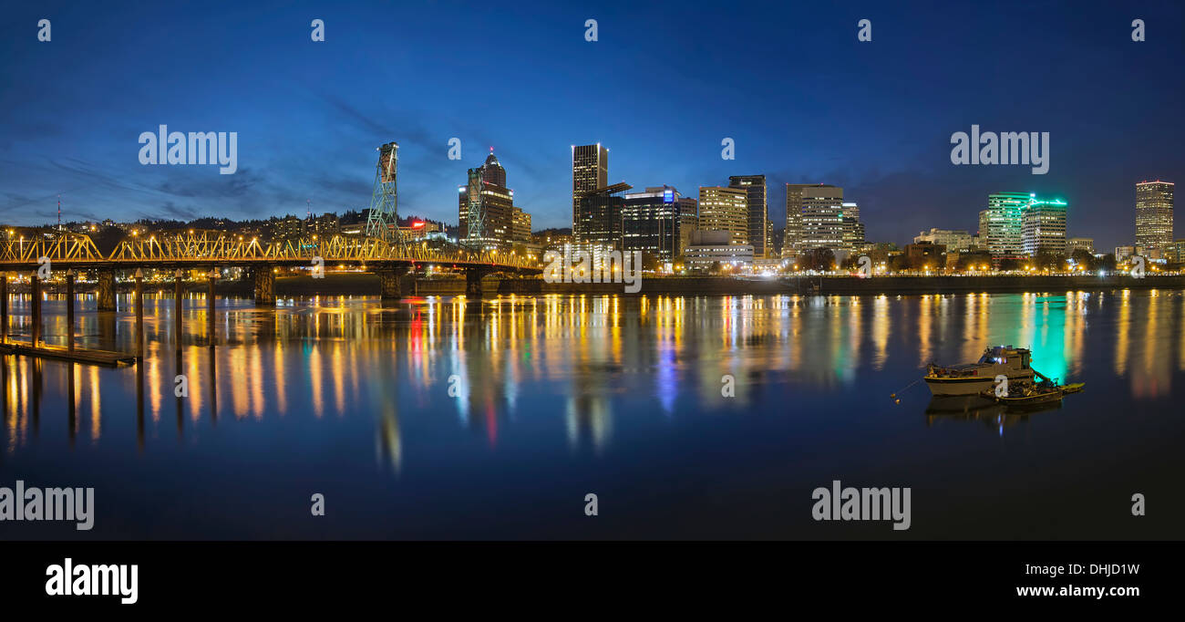 Portland Oregon Downtown Skyline with Hawthorne Bridge Along the Banks ...