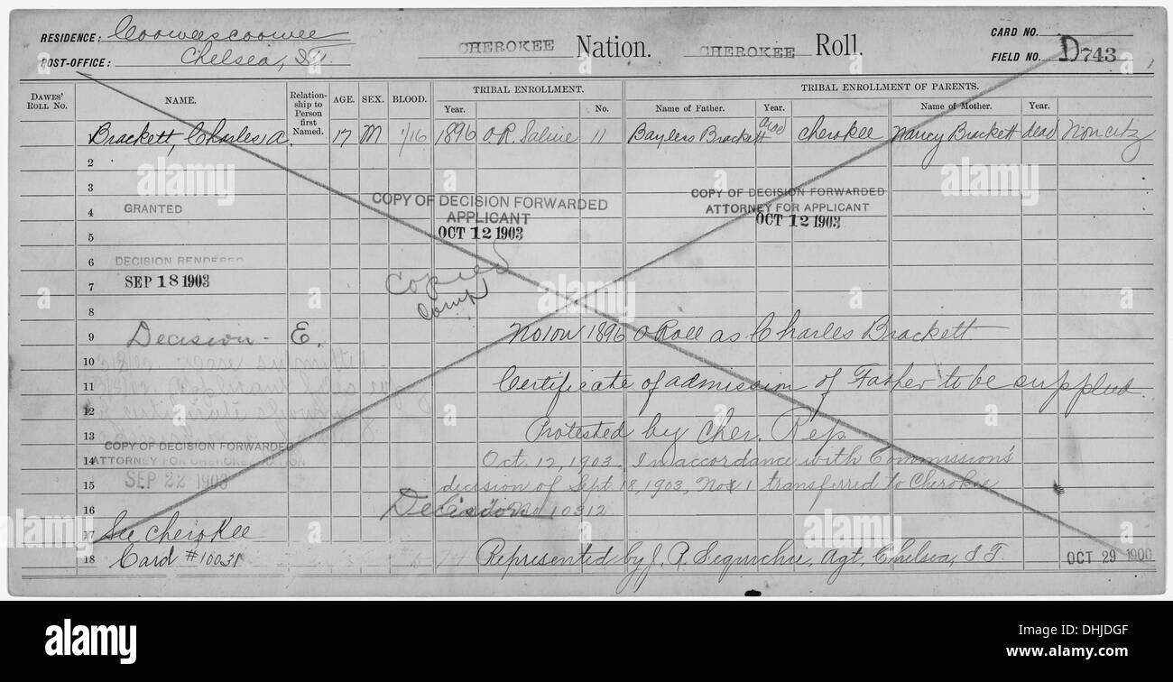 The enrollment for the Cherokee Census Card D743, documenting the ...
