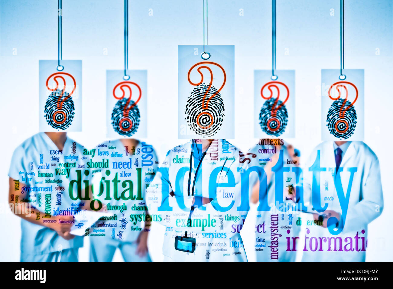 Portrait of people behind interrogation symbol Stock Photo - Alamy