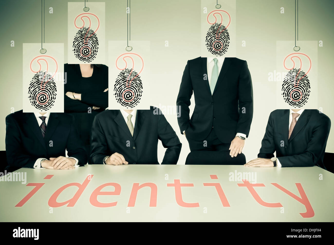 Portrait of people behind interrogation symbol Stock Photo - Alamy