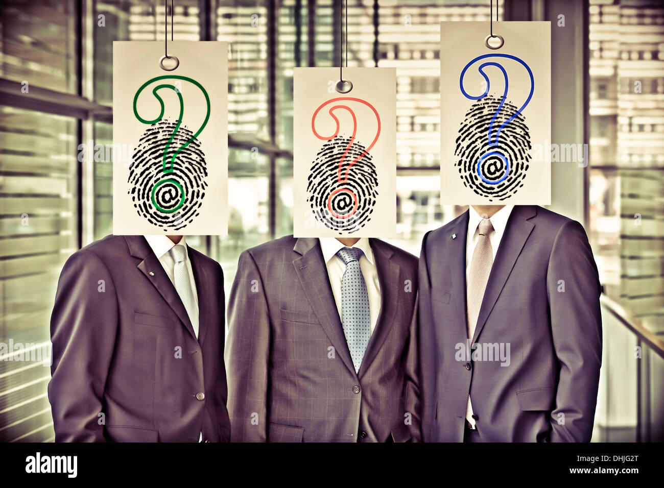 Portrait of people behind interrogation symbol Stock Photo - Alamy