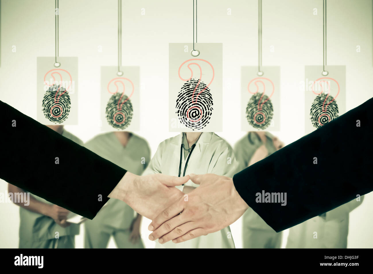 Portrait of people behind interrogation symbol, Business Meeting Stock ...