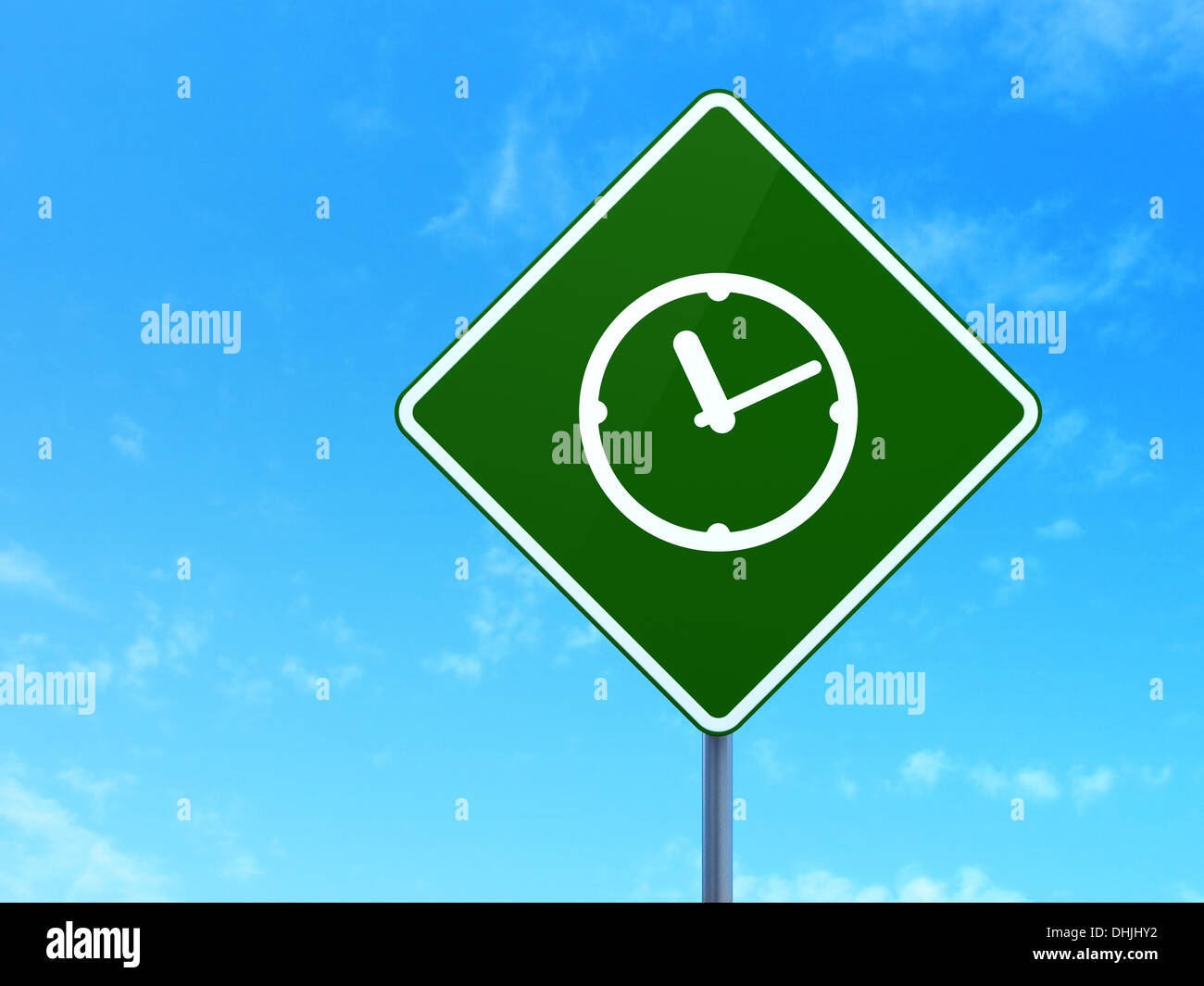 Timeline concept: Clock on road sign background Stock Photo - Alamy