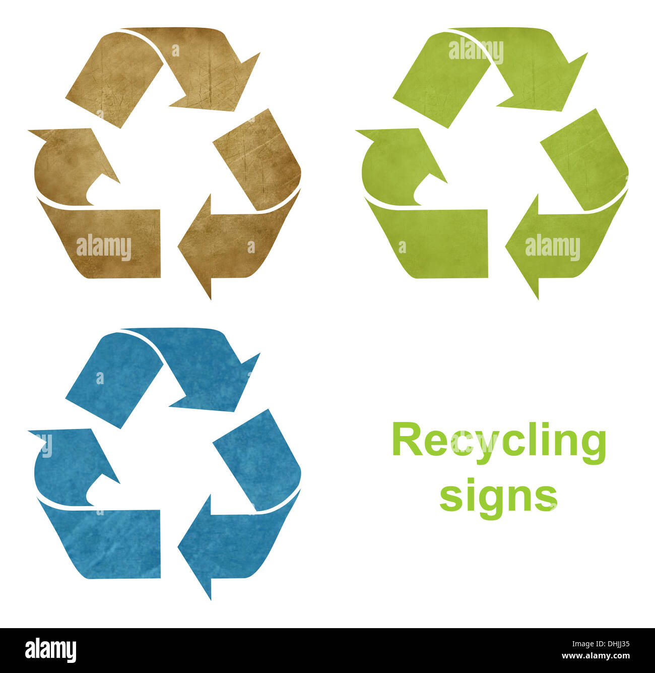 Set of grunge recycling signs in blue, green and brown with white ...