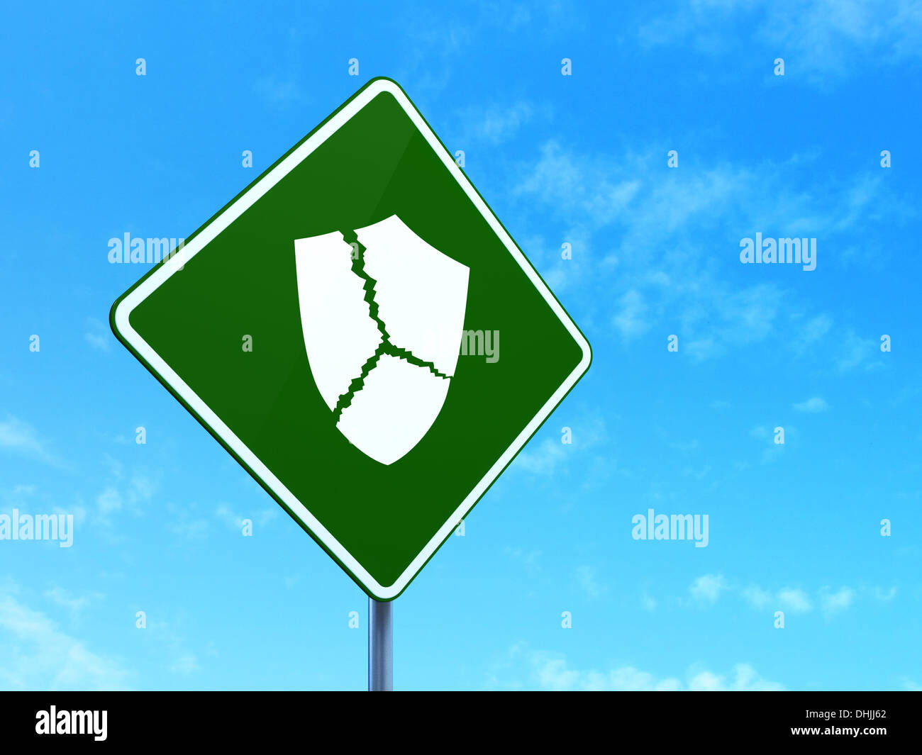 Protection concept: Broken Shield on road sign background Stock Photo ...