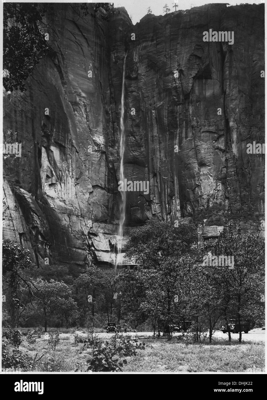 A waterfall cascading from a hanging valley at the Temple of Sinawava ...