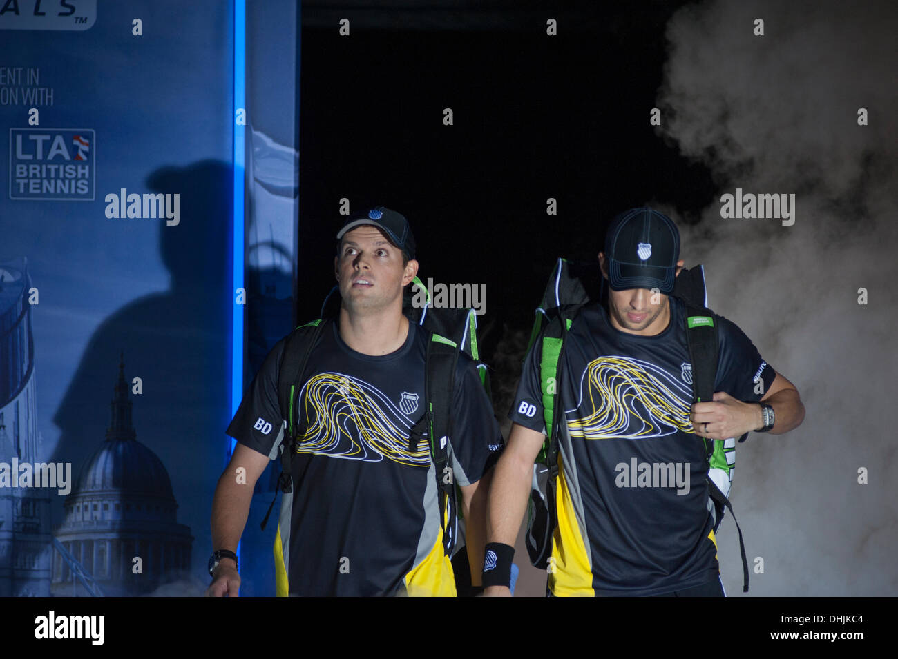 The O2, London, UK. 11th Nov, 2013. The Bryan brothers arrive on court ...
