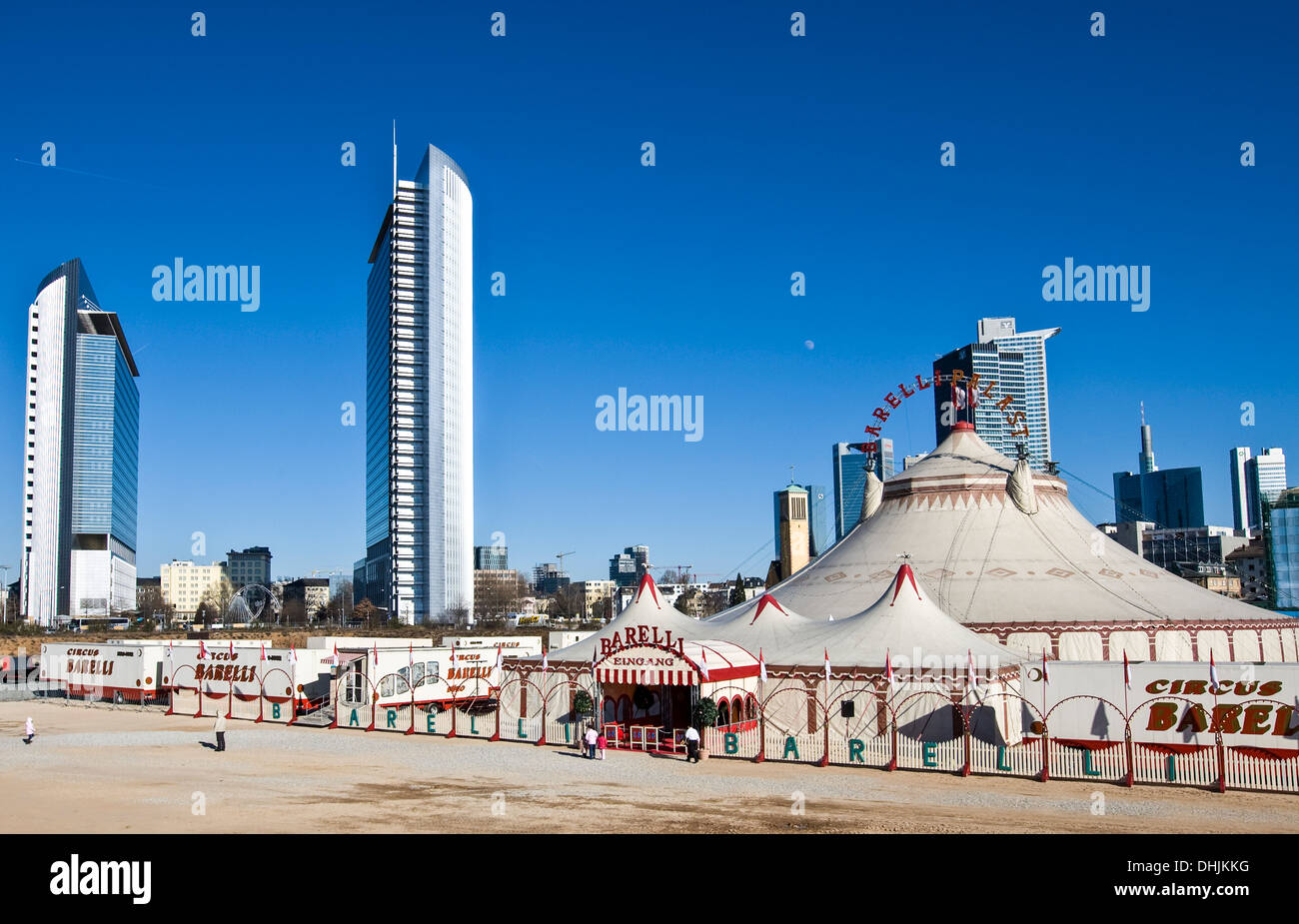 Germany, Hesse, Frankfurt, Circus in European Quarter with skyline in ...