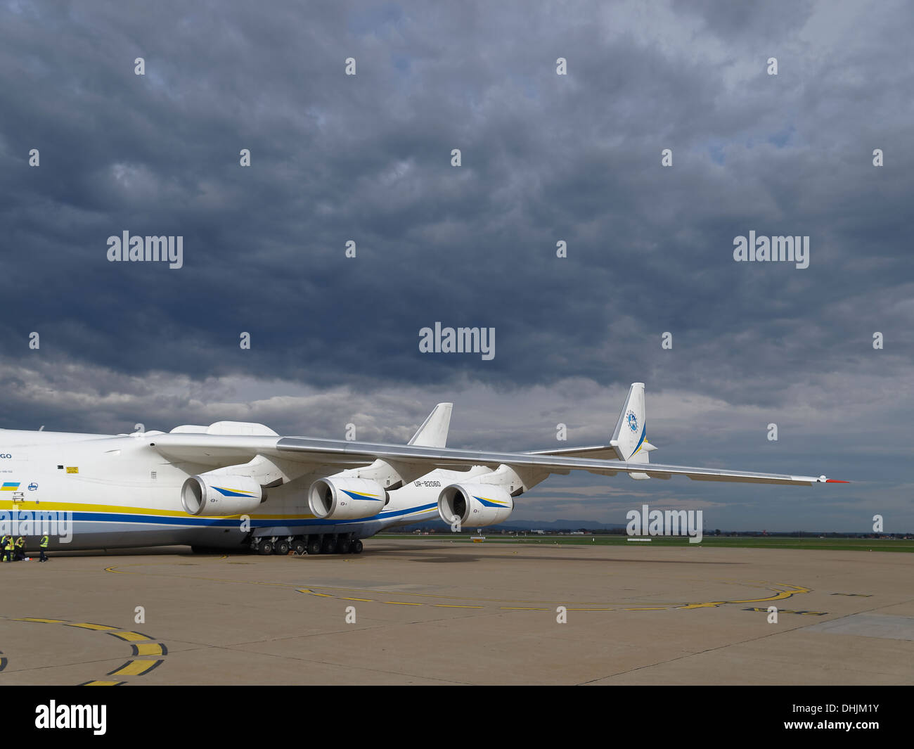Antonov An-225 Mriya airplane during cargo loading. Four loading ...
