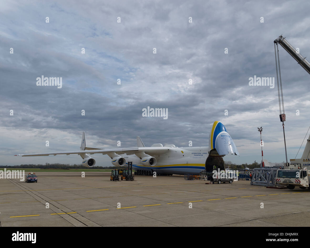 Full frontal view of the Antonov An-225 Mriya airplane during loading ...