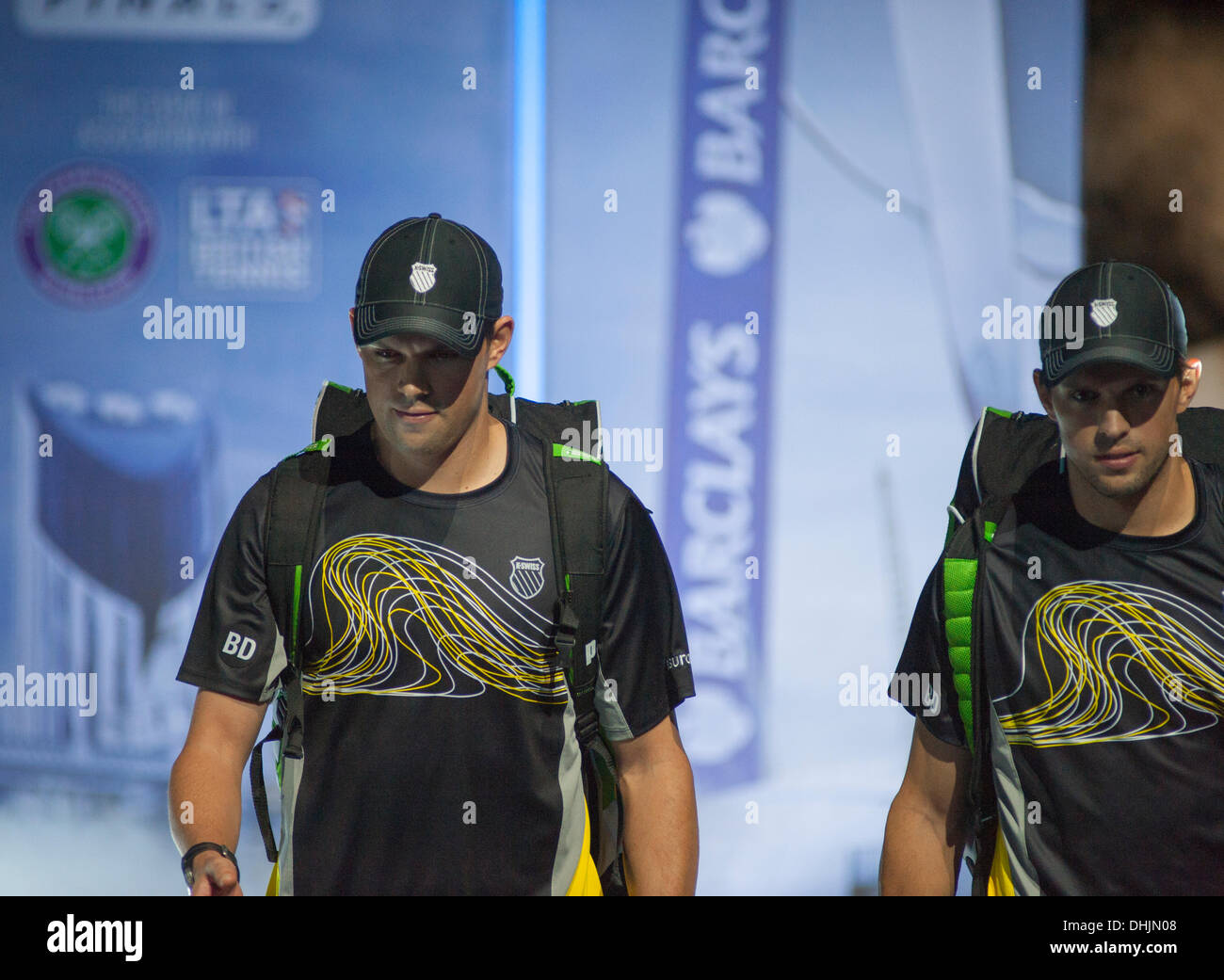 The O2, London, UK. 11th Nov, 2013. The Bryan brothers arrive on court ...