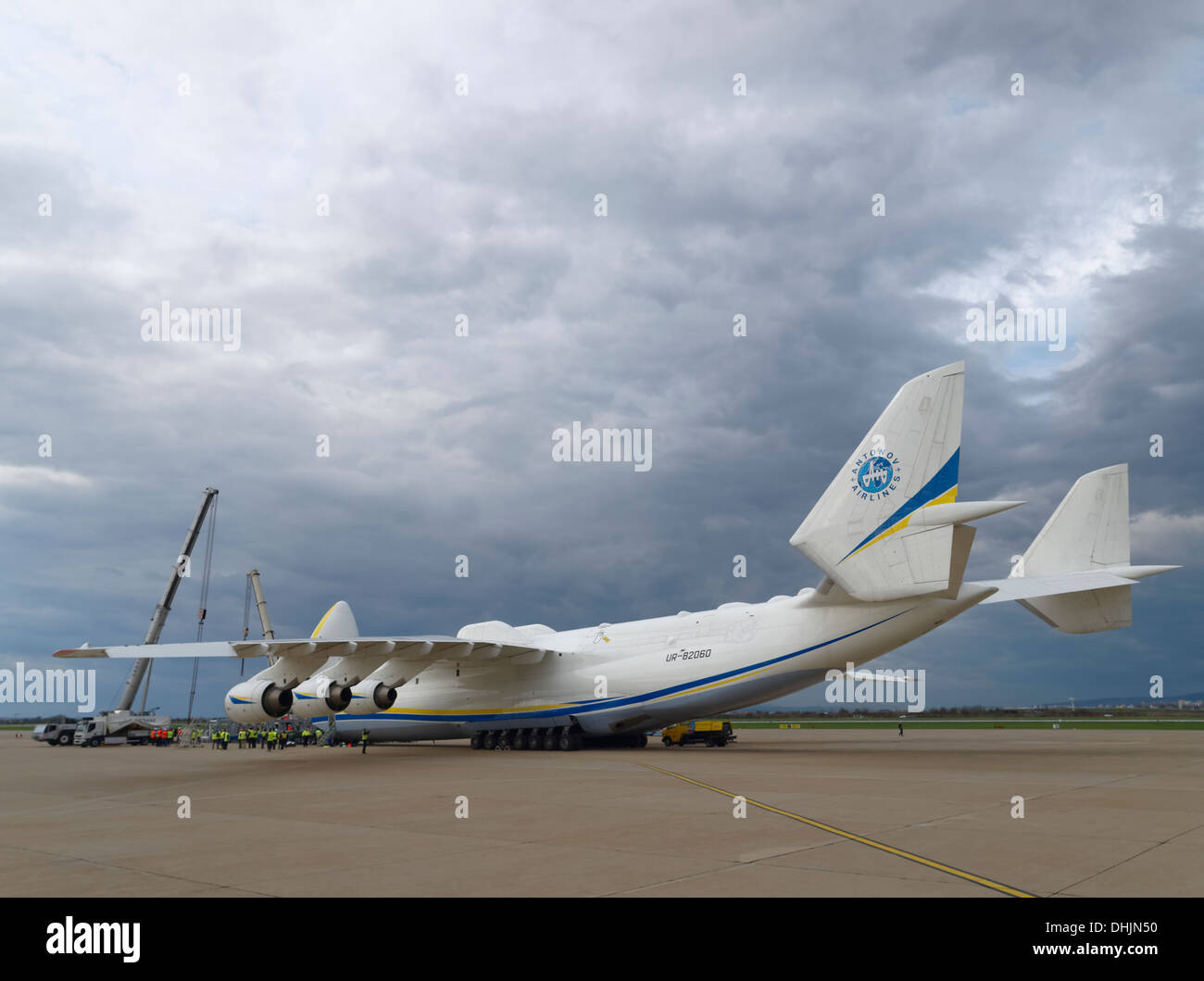 Full side view of the Antonov An-225 Mriya airplane during loading of ...
