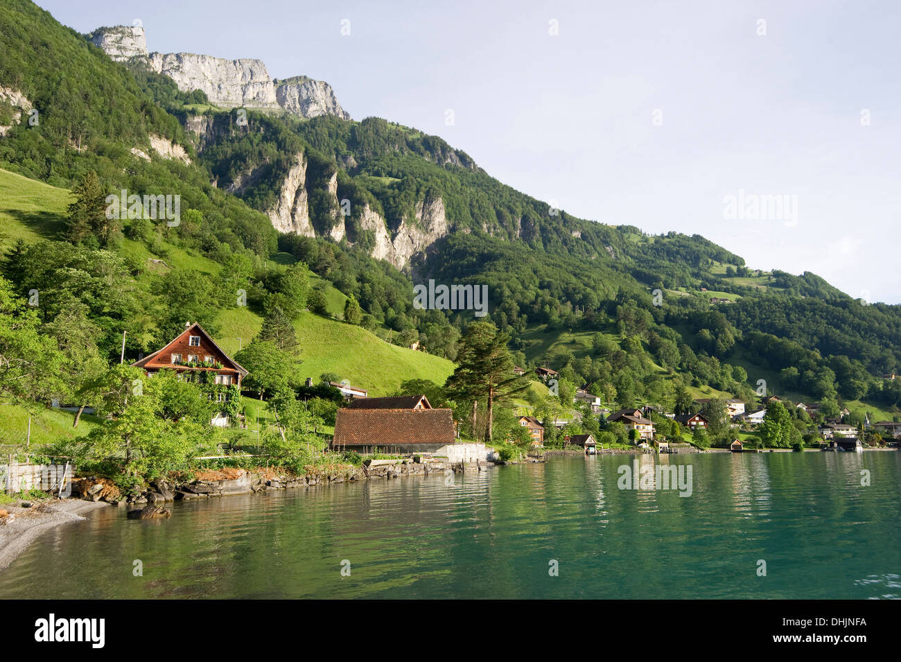Bauen, houses on the bank of lake Lucerne, canton Uri, Switzerland ...