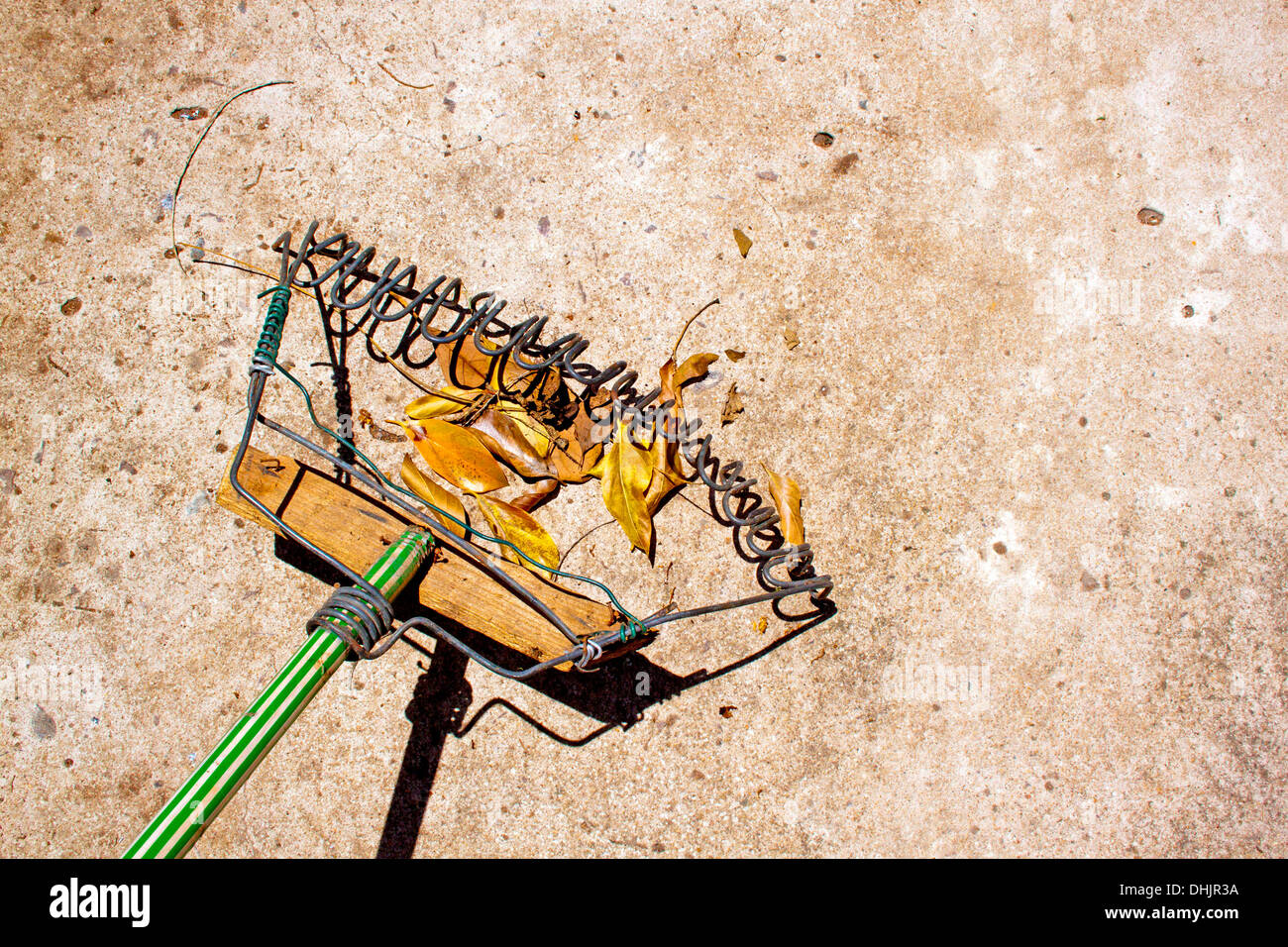 hand made African garden leaf rake and leaves on concrete pathway Stock ...