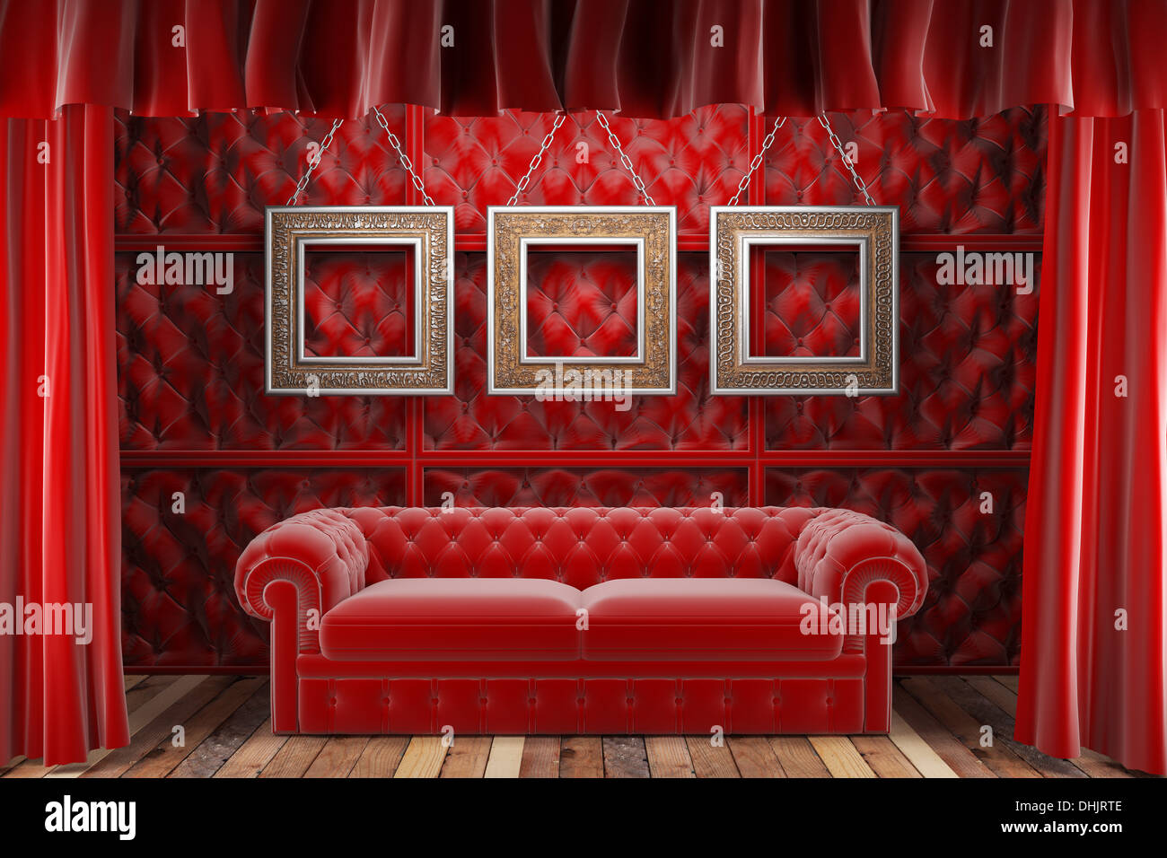 red fabric curtain with frames Stock Photo - Alamy