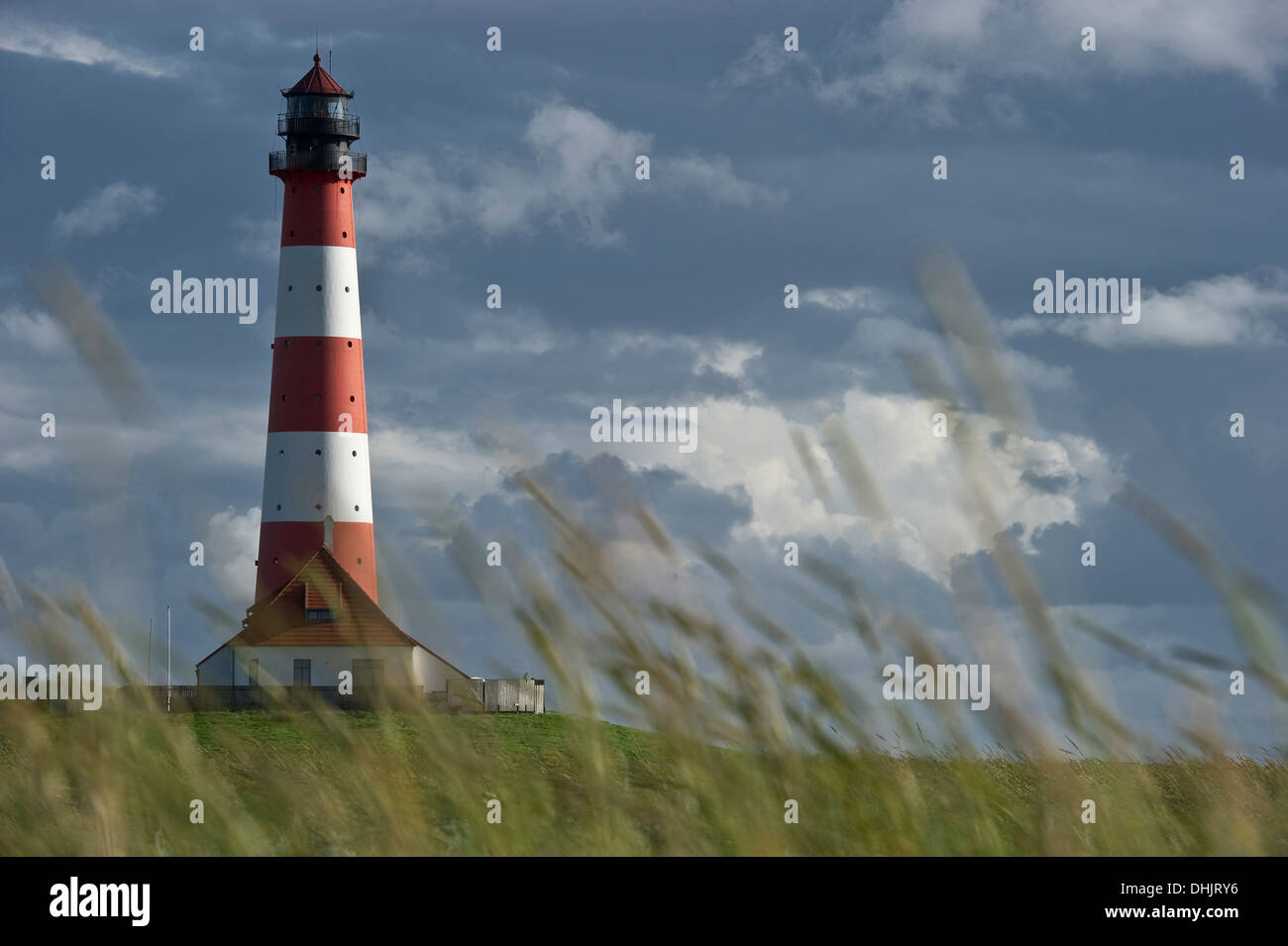 Westerheversand lighthouse and salt meadows, Westerhever, Wadden Sea ...