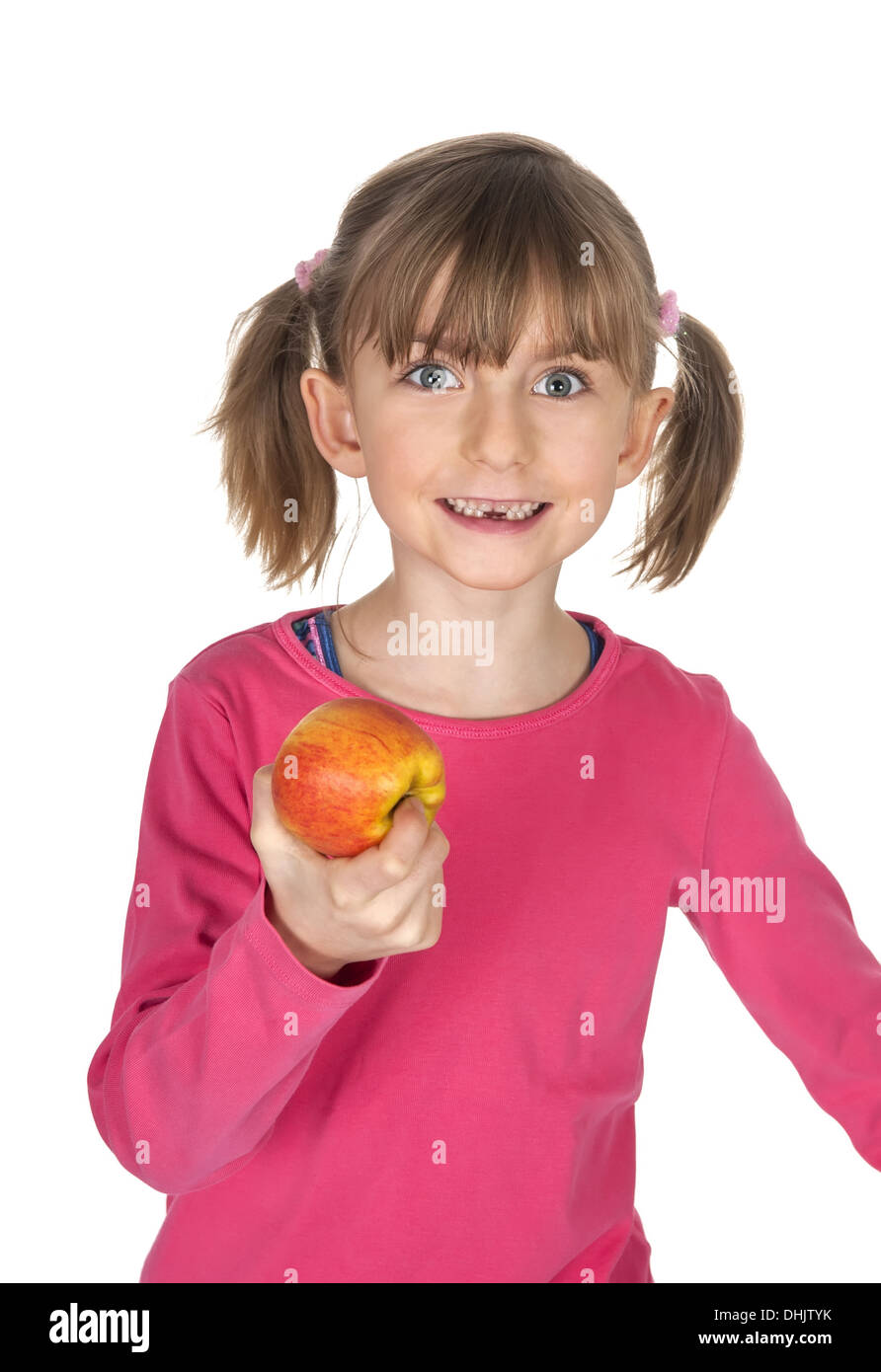 girl with tooth gap and apple Stock Photo - Alamy