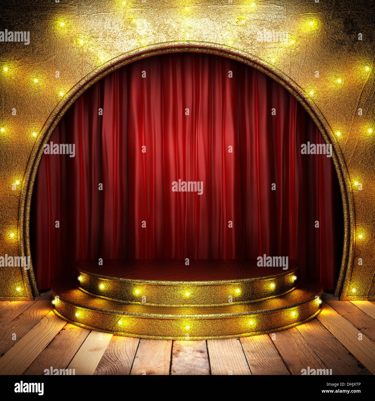 red fabric curtain on golden stage Stock Photo - Alamy