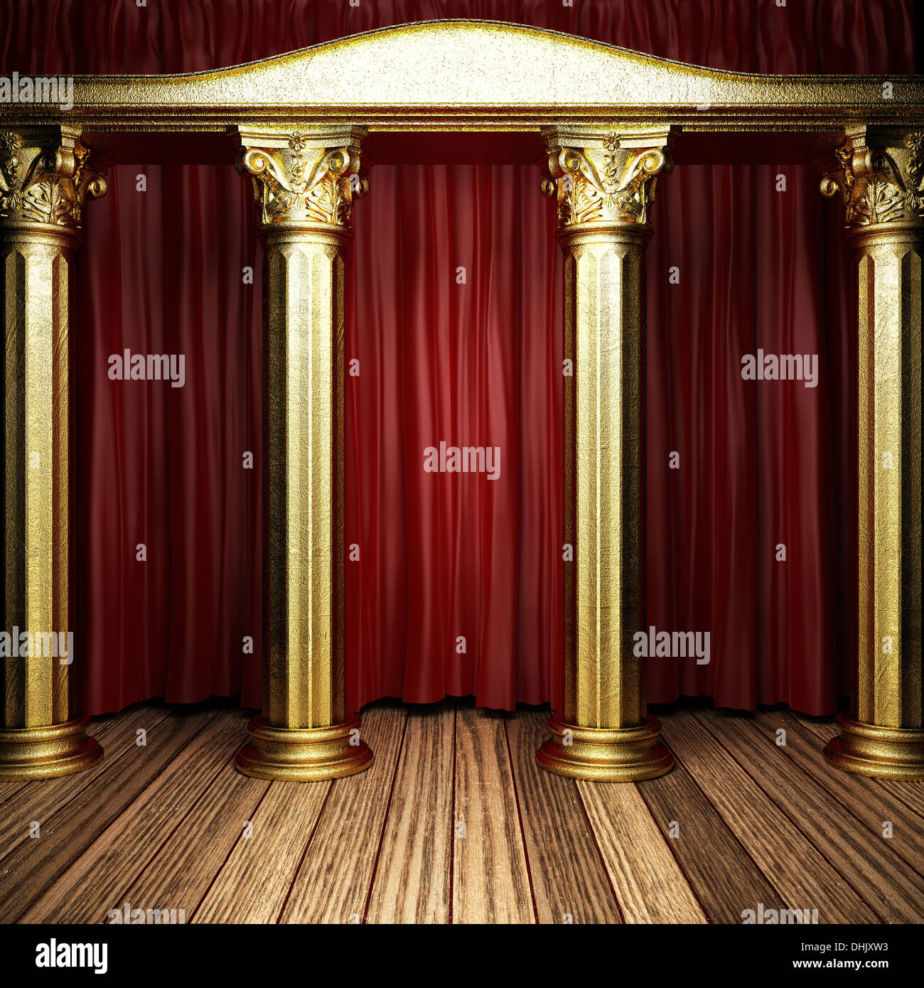 red fabric curtain on golden stage Stock Photo - Alamy
