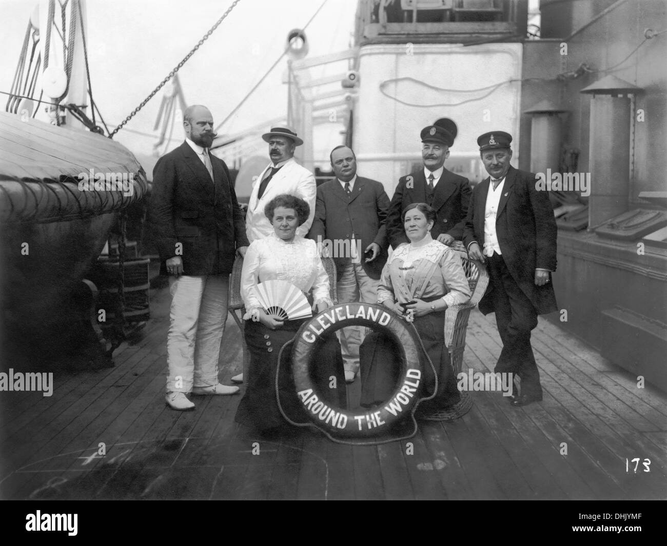 Group image with lifebuoy aboard the ocean liner "Cleveland", undated ...