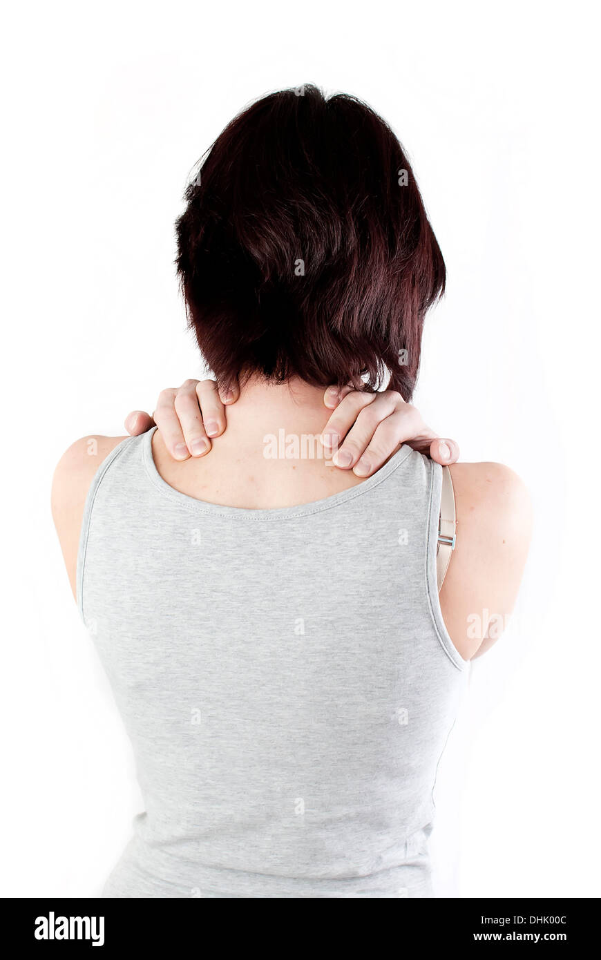 Woman looking down holding neck hi-res stock photography and images - Alamy