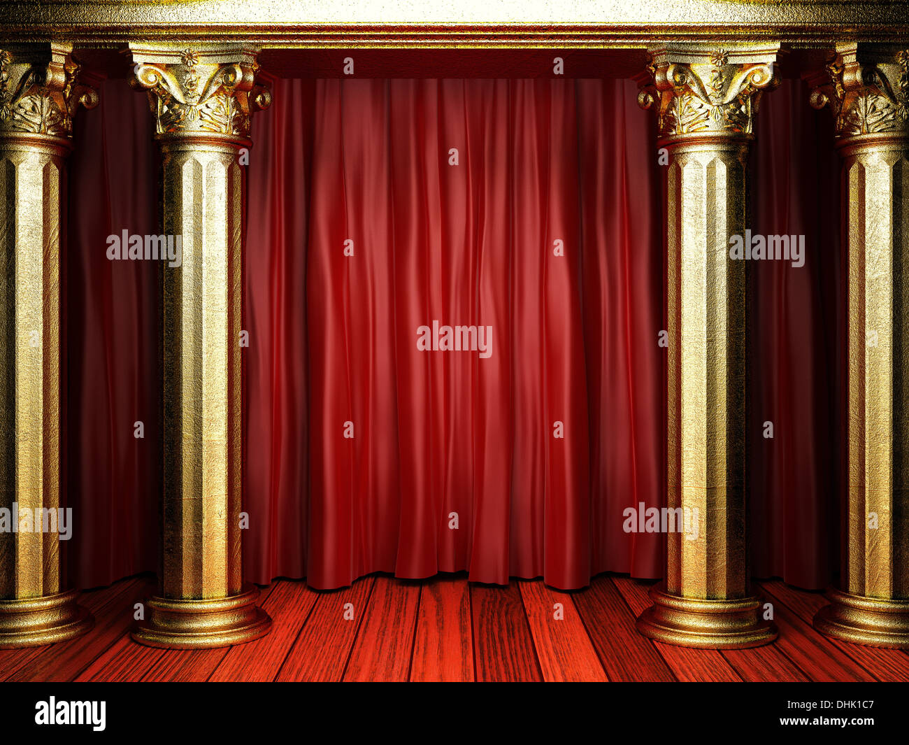 red fabric curtain on golden stage Stock Photo - Alamy