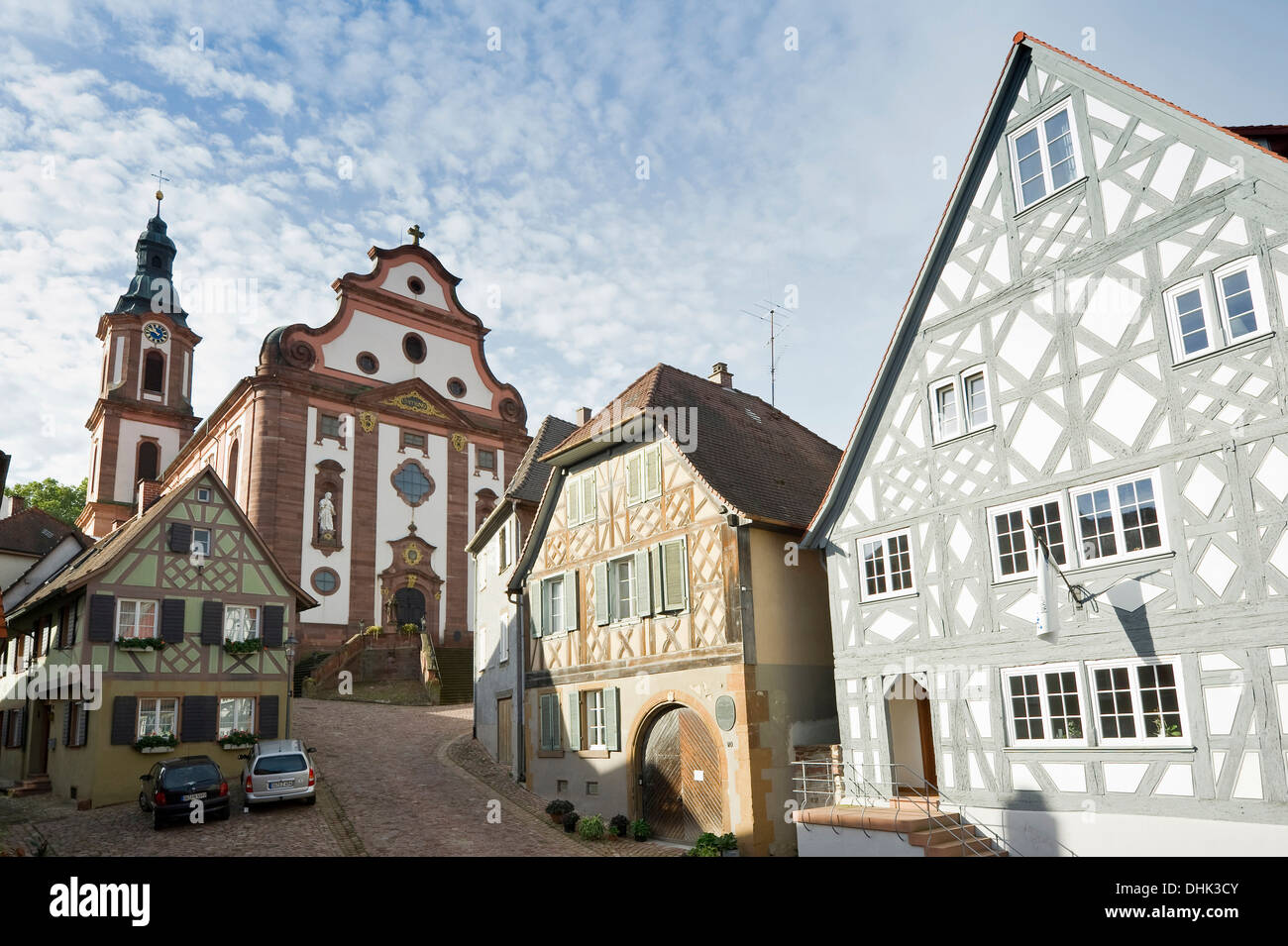 Church and half timbered houses at Ettenheim, baroque city, Ortenau ...