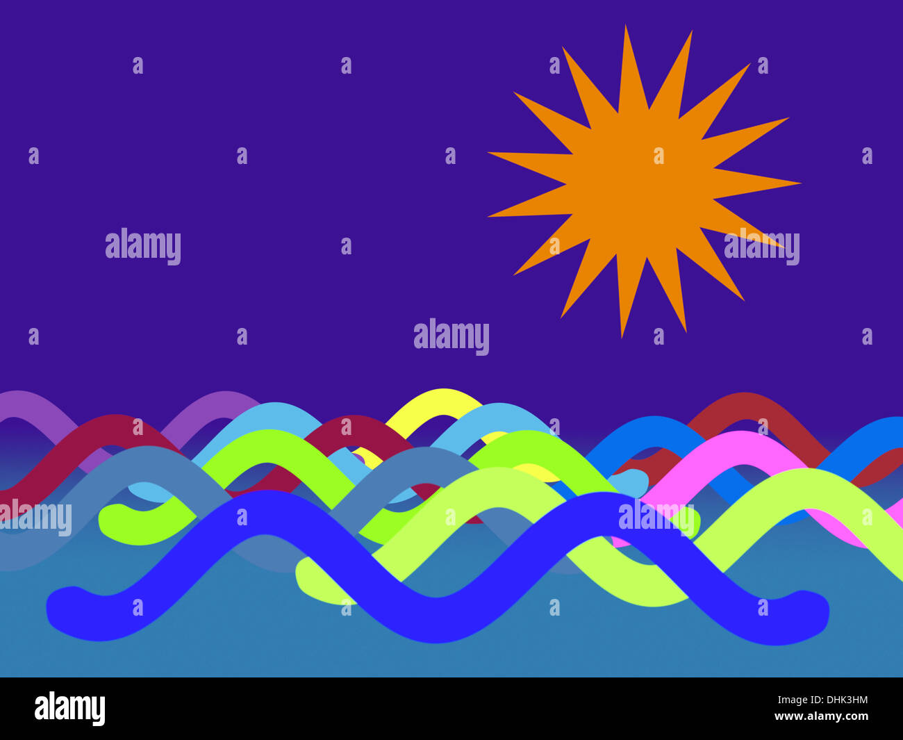 Coloured Sun Shines Above Coloured Waves Stock Photo - Alamy