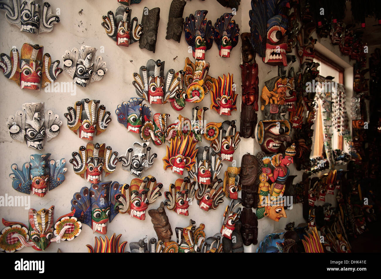 Traditional masks at shop, art handcraft, beach Mirissa, Sri Lanka ...
