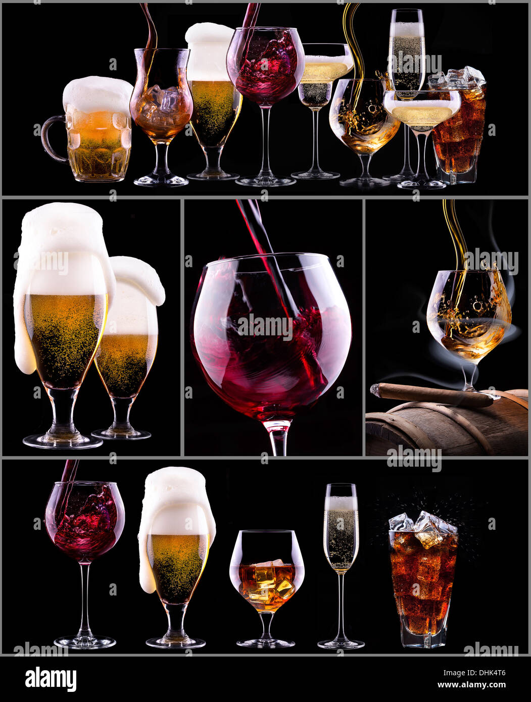 different images of alcohol - beer, martini, cola, champagne, wine ...