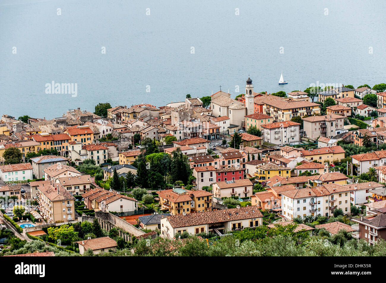 View towards Gardasee and the city of Torri del Benaco, Lago di Garda ...