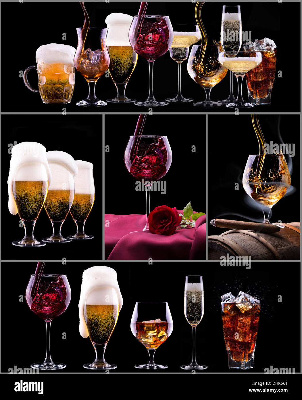 different images of alcohol - beer, martini, cola, champagne, wine ...