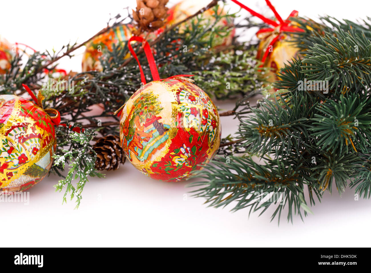 Christmas balls with fir tree branch isolated on white background Stock ...