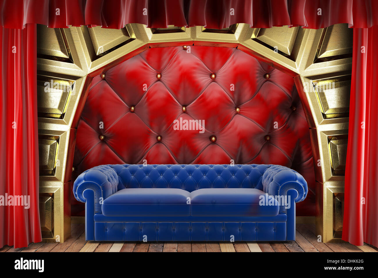 red fabric curtain and sofa on golden stage Stock Photo - Alamy